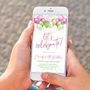 Editable Pink Green Birthday Invitation Template Electronic Let's ...