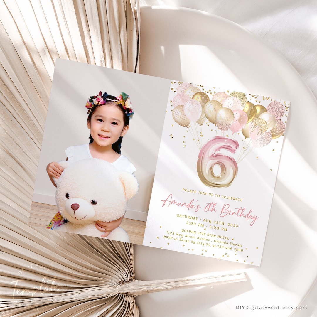 Editable 6th Birthday Invitation Template Gold Pink Glittery Balloons ...