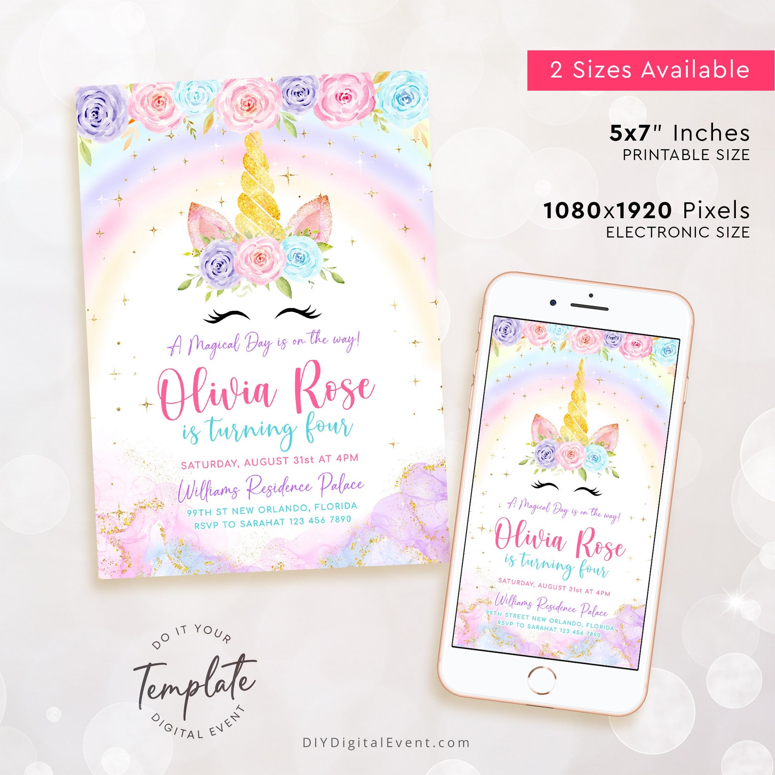 Editable Unicorn Birthday Invitation Template Magical Rainbow Unicorn ...