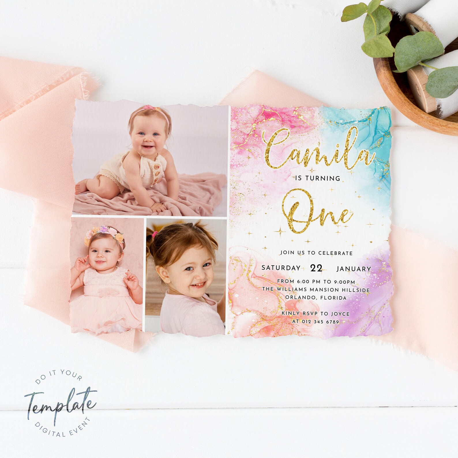 Editable First Birthday Invitation Template Printable Colorful Rainbow ...