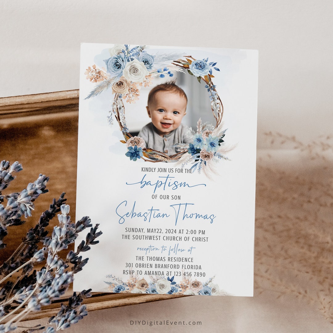 Editable Baptism Invitation Template, Blue Boho Christening Invitation ...