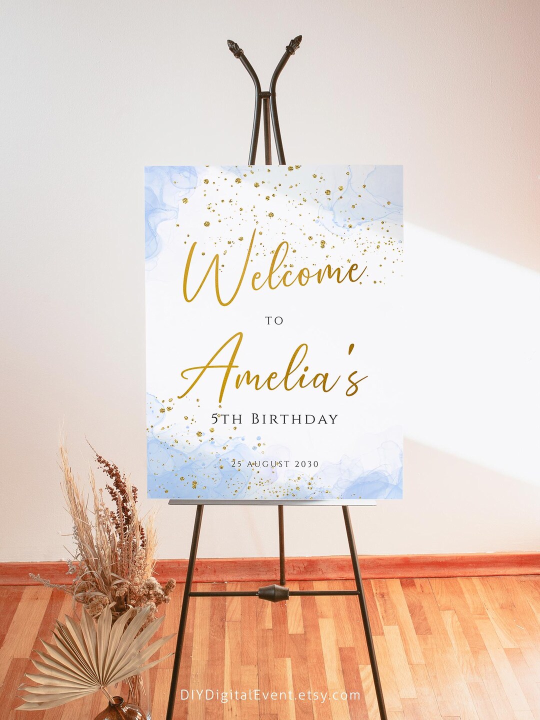Blue Welcome Sign Template Editable Gold Glittery Birthday Welcome Sign ...