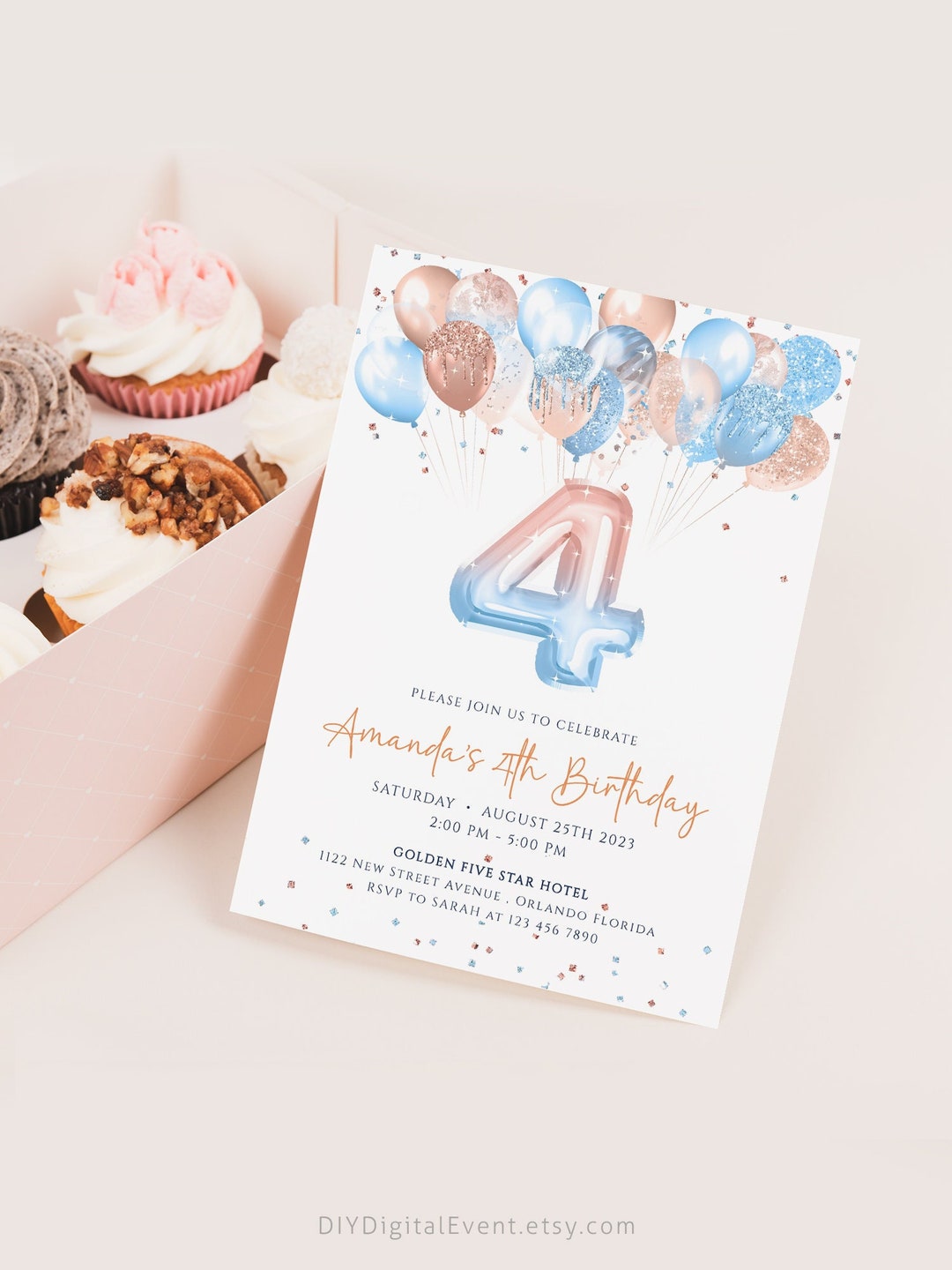 Editable 4th Birthday Invitation Template Rose Gold Blue Balloons 4th ...