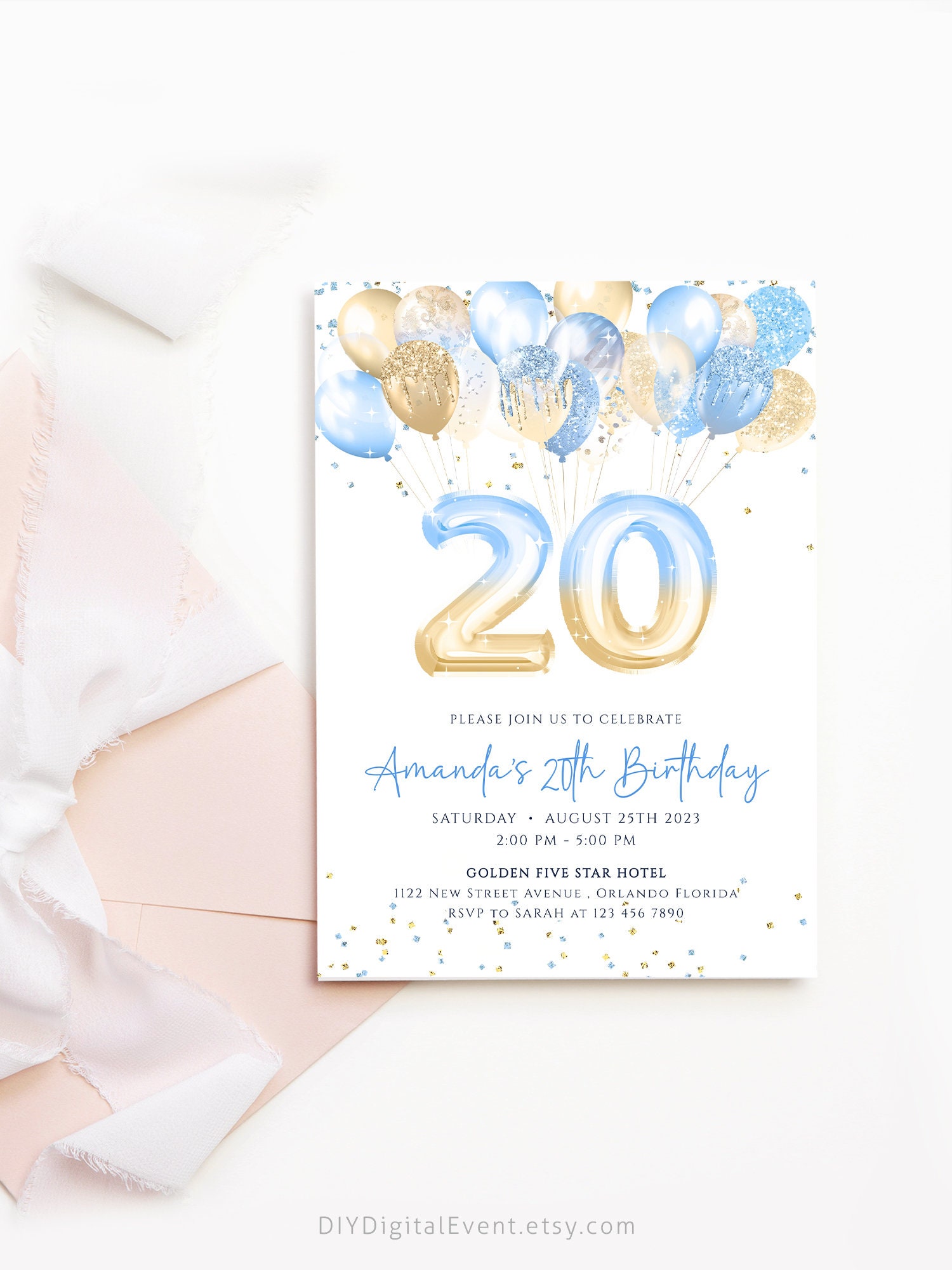 Editable 20th Birthday Invitation Template Blue Gold Glittery Balloons ...