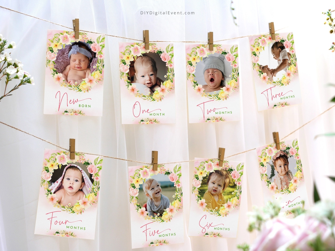 EDITABLE First Birthday Monthly Banner Printable Floral 1st Year Photo ...