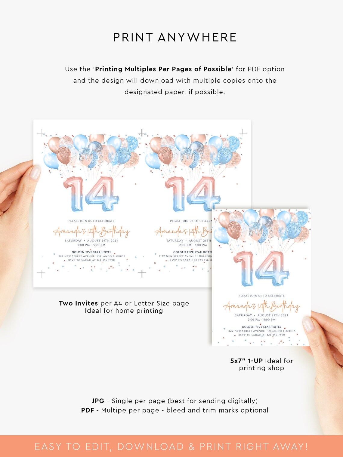Editable 14th Birthday Invitation Template Rose Gold Blue Balloons 14th ...