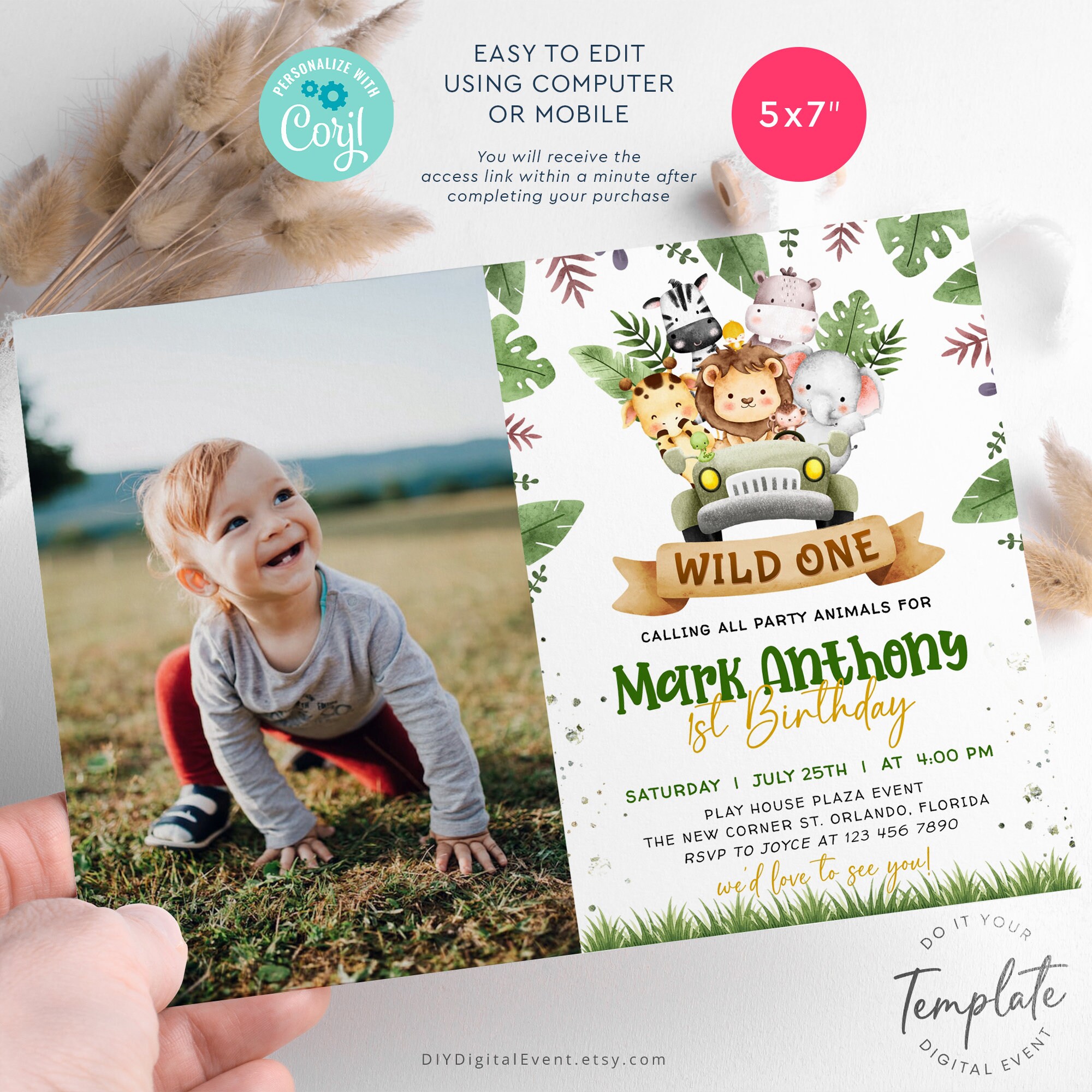 Safari Animals Birthday Invitation Template Printable Wild One Birthday ...