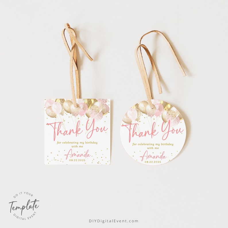 EDITABLE Gold and Blush Pink Favor Tags Balloons Birthday - Etsy