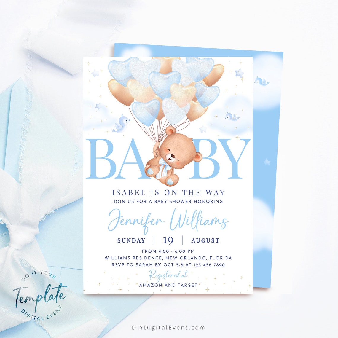 Editable Blue Bear Baby Shower Invitation Template Printable - Etsy