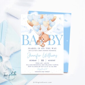 Editable Blue Bear Baby Shower Invitation Template Printable Balloon ...