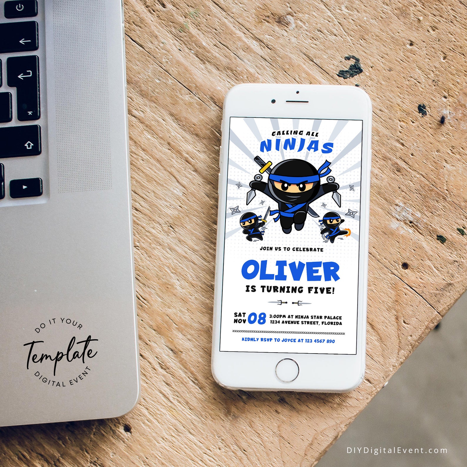 Editable Blue Ninja Birthday Invitation Template Printable Ninja ...