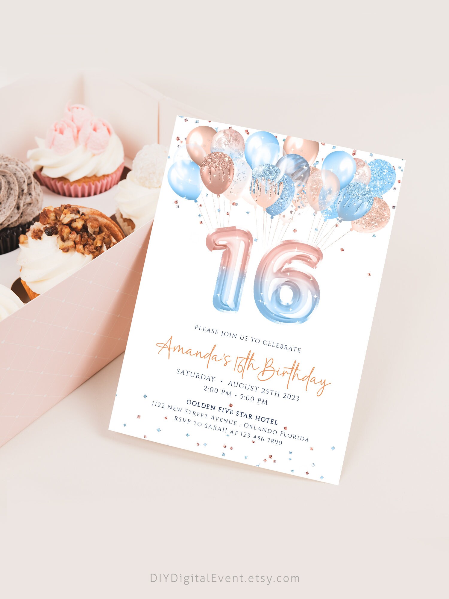 Editable 16th Birthday Invitation Template Rose Gold Blue Balloons 16th ...