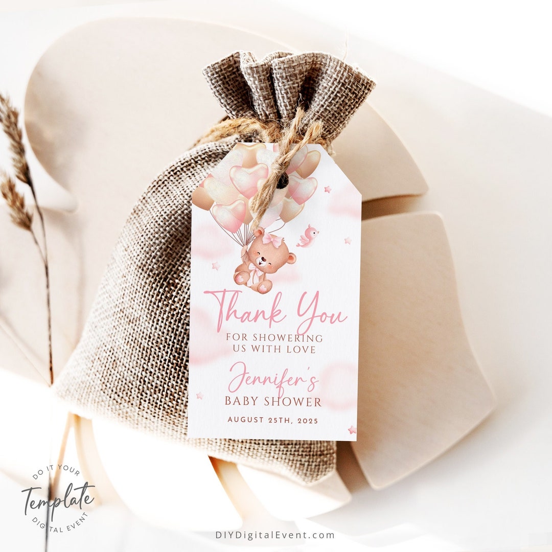 Teddy Bear Favor Tags Baby Shower Template Editable Thank You Tag Pink ...