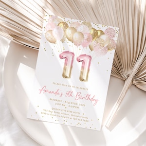 Editable 11th Birthday Invitation Template Gold Pink Glittery Balloons ...