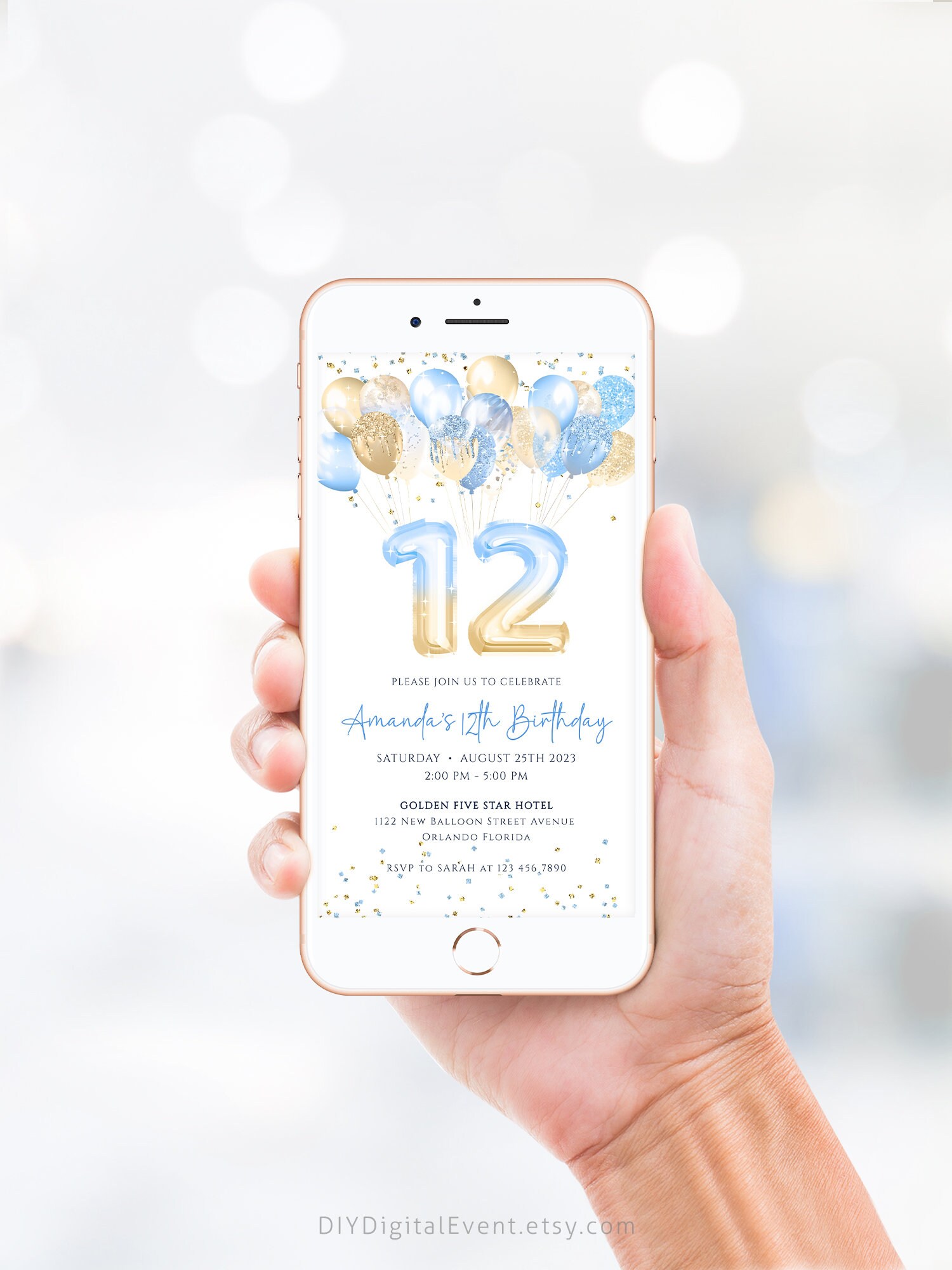 Editable 12th Birthday Invitation Template Blue Gold Glittery Balloons ...