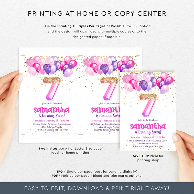 Pink 7th Birthday Invite Template Glittery Purple Pink - Etsy