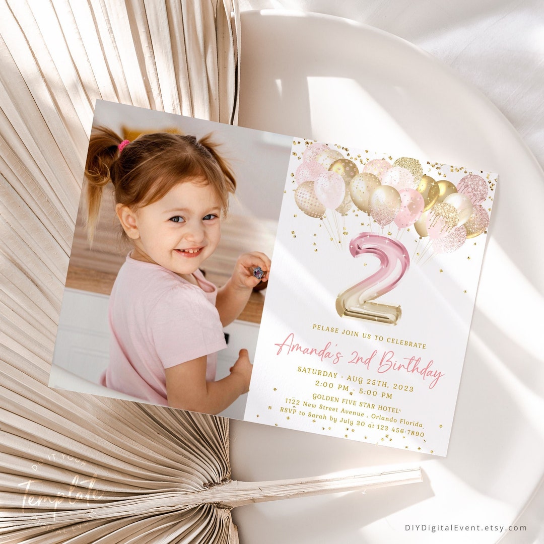 Editable 2nd Birthday Invitation Template Gold Pink Glittery Balloons ...