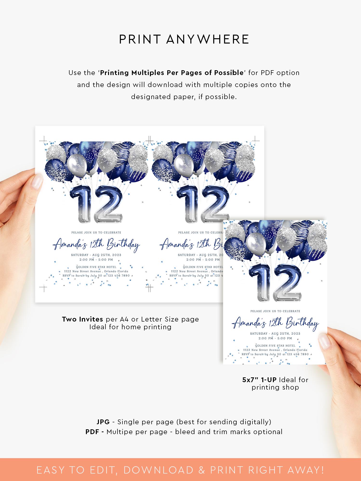 Editable 12th Birthday Invitation Template Navy Blue and Silver ...