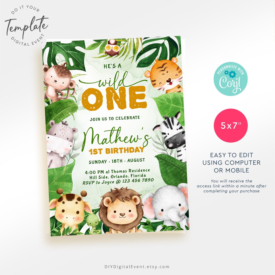 Editable Safari First Birthday Electronic Invitation Template - Etsy