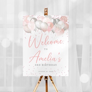Pink and Silver Birthday Welcome Sign Template Editable Balloons ...