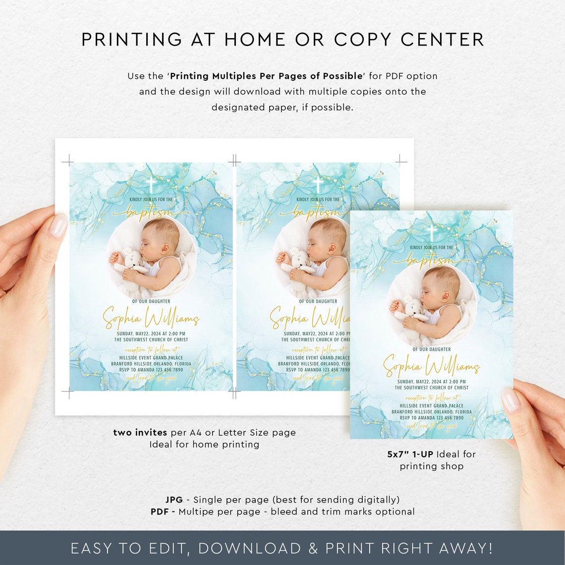 Editable Baptism Invitation Template Aqua Gold Christening - Etsy