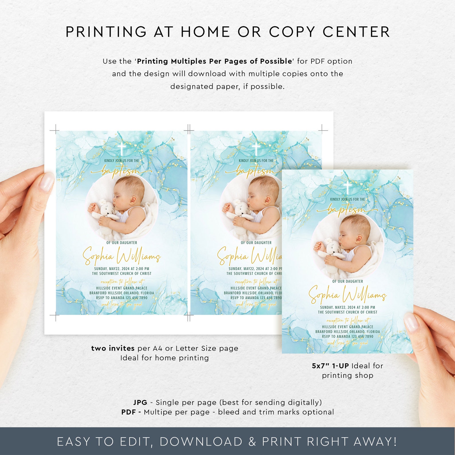 Editable Baptism Invitation Template Aqua Gold Christening - Etsy