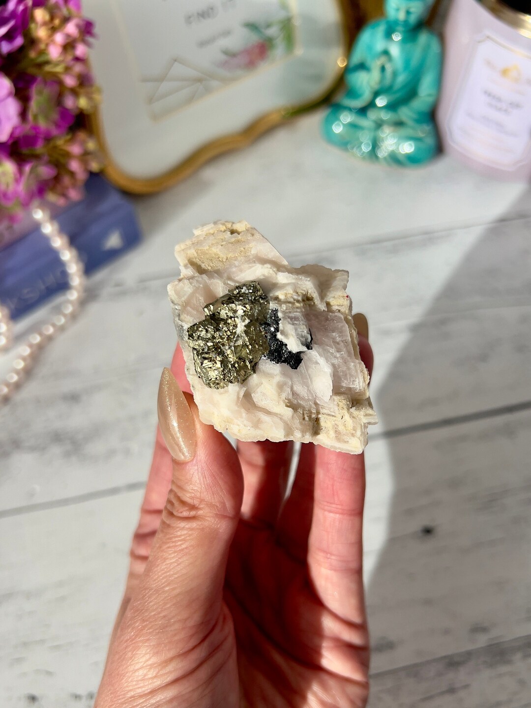 Rare Mangano Calcite on Peruvian Pyrite | Pink Calcite Pyrite Specimen ...