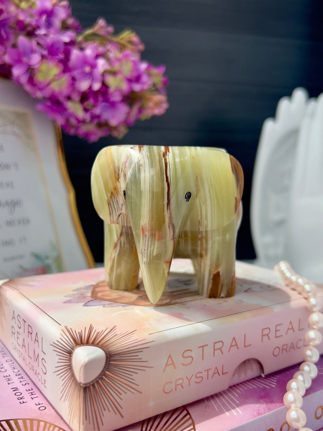 Green Onyx Hand Carved Elephant Sphere Stand | Natural Banded Calcite ...