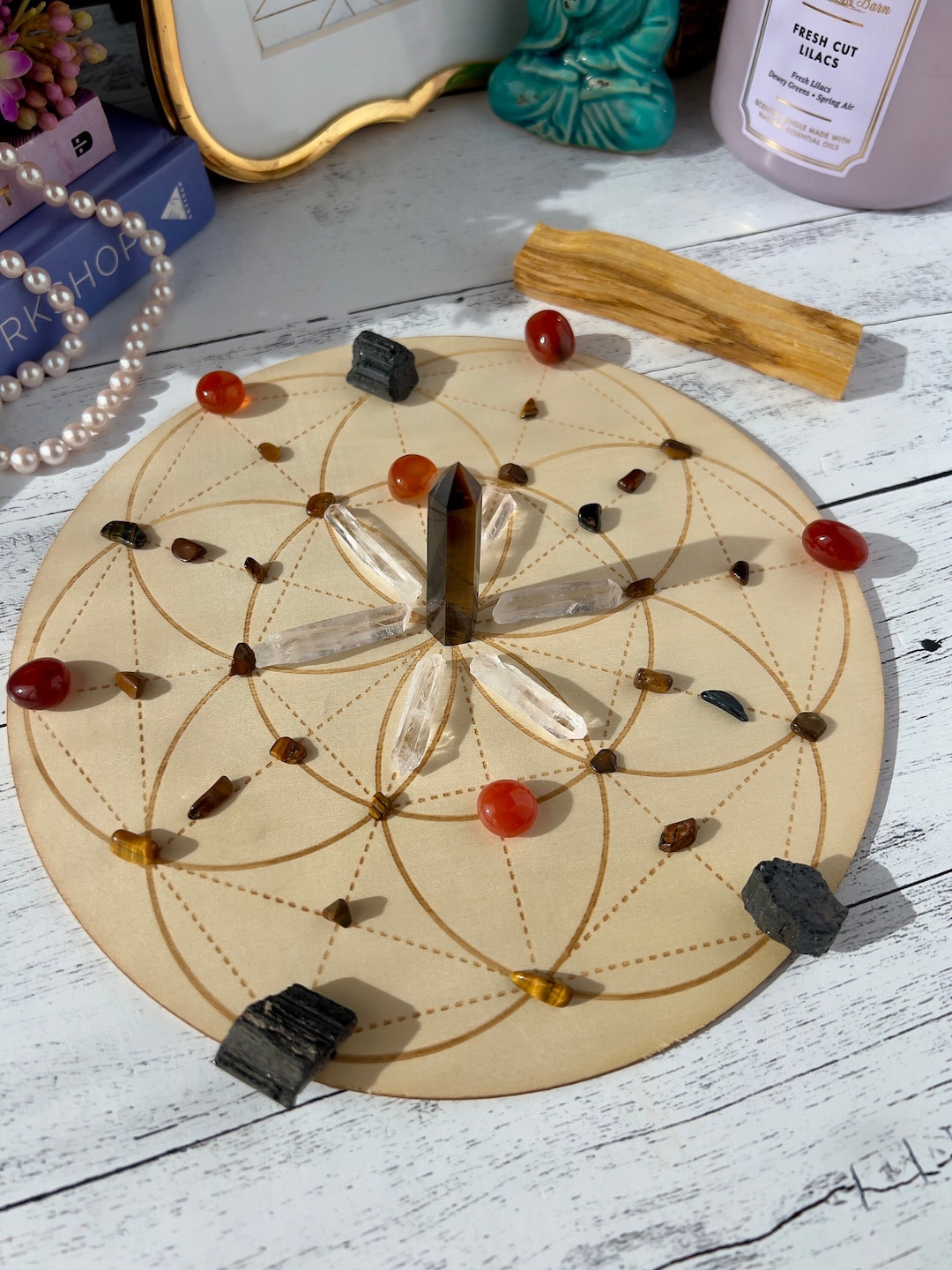 7.5 in Protection Crystal Grid Set Crystals for Empaths Flower of Life ...