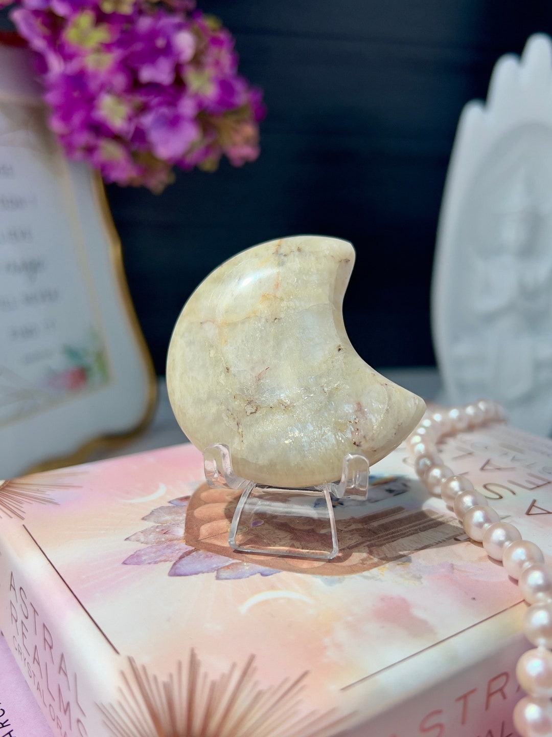 Sunset Moonstone Crystal Moon Carving With Free Acrylic Stand Polished ...