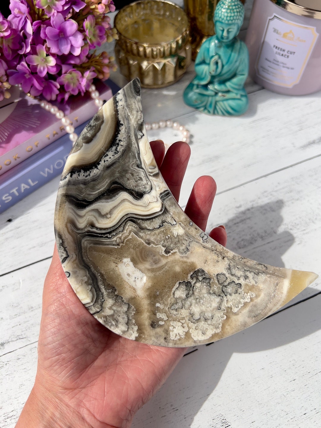 Black Zebra Onyx Moon Bowl From Mexico | Natural Black Banded Mexican ...