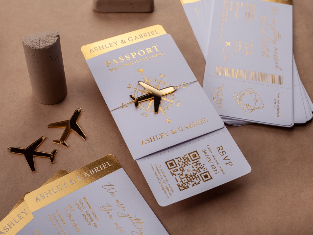 Passport Wedding Invitation, Boarding Pass Invite, White and Gold Foil ...