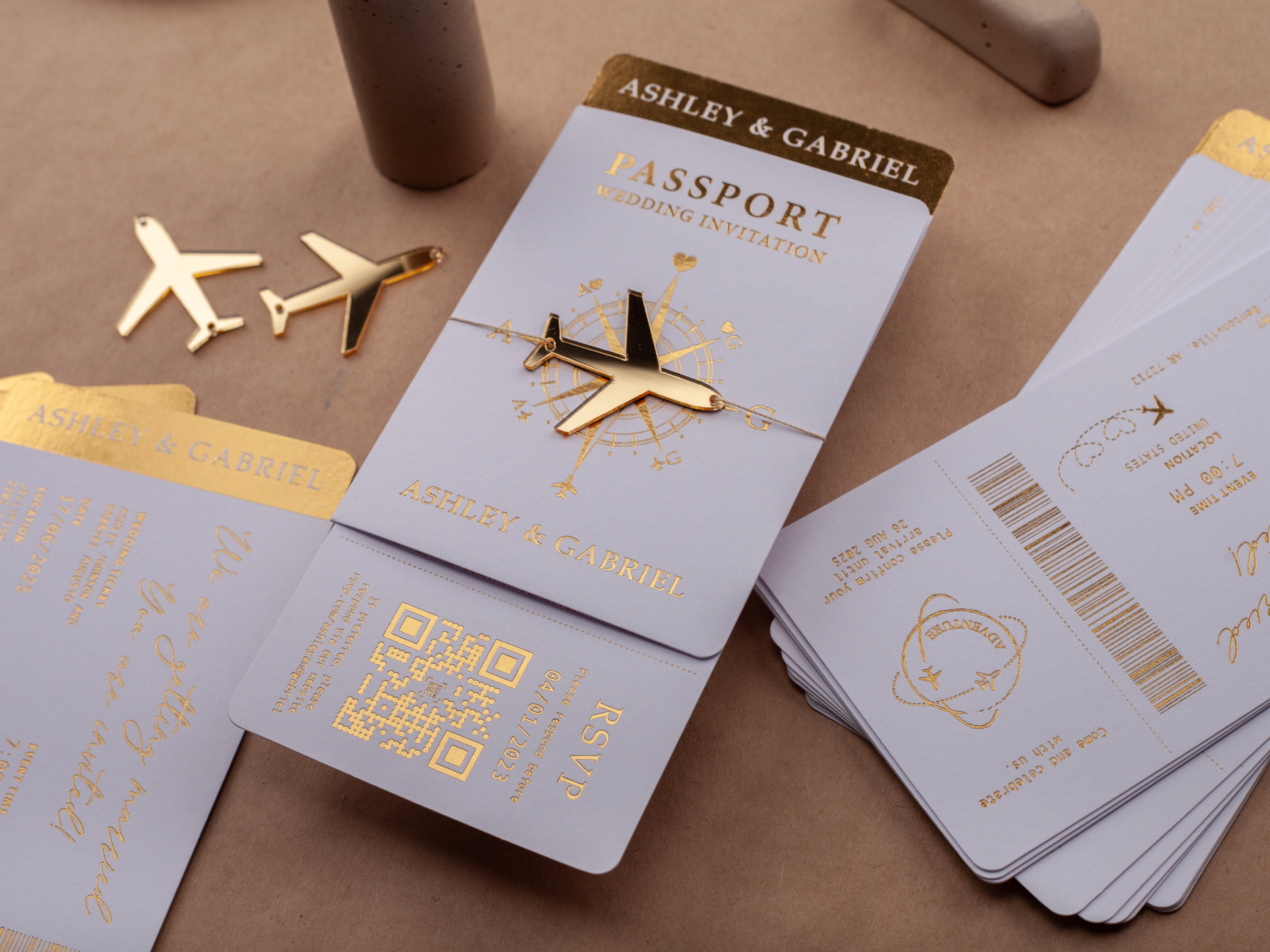 Passport Wedding Invitation, Boarding Pass Invite, White and Gold Foil ...
