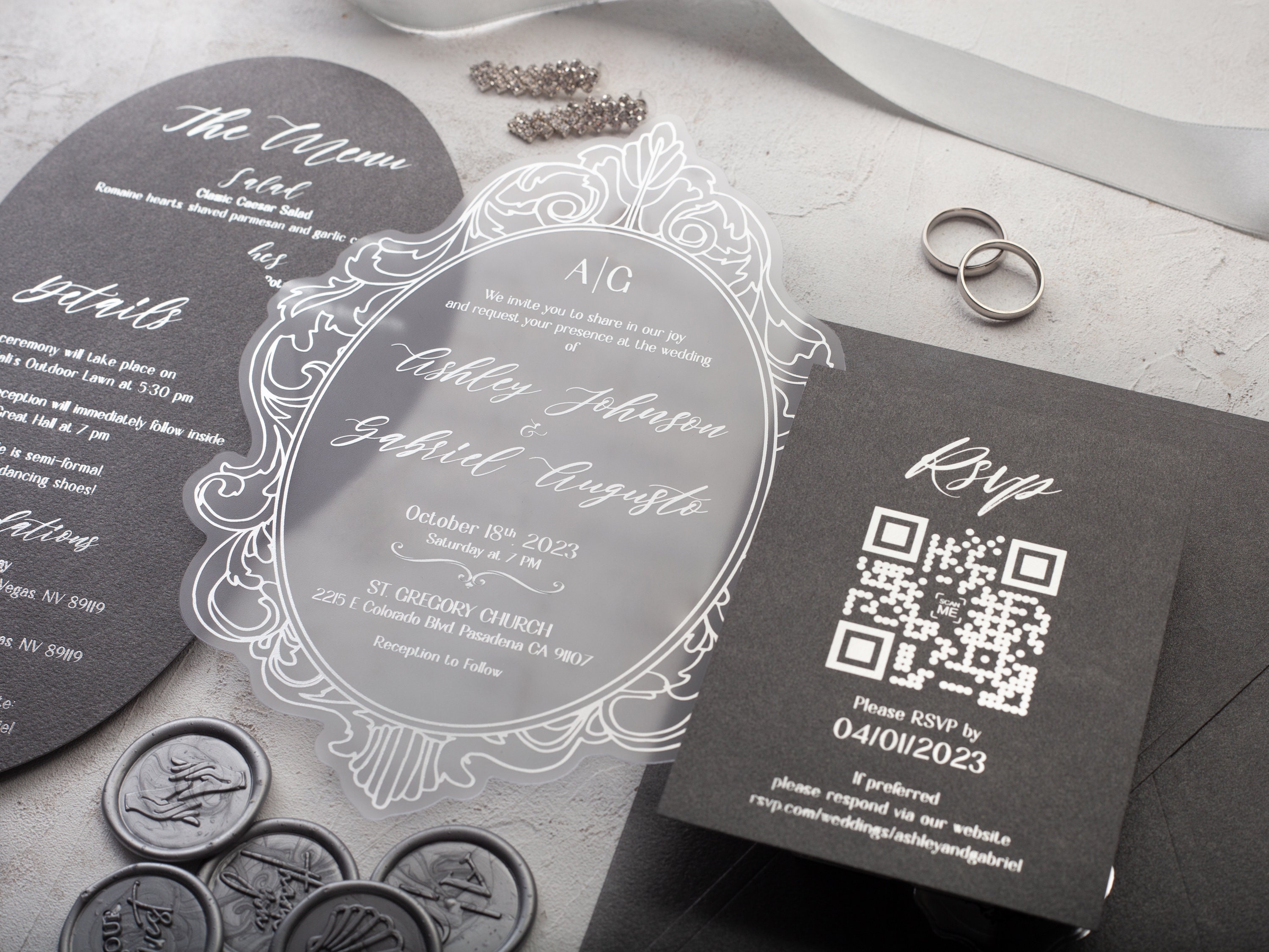 Gray Invitation, Gray Acrylic Invitation, Silver Foil Printed Acrylic ...