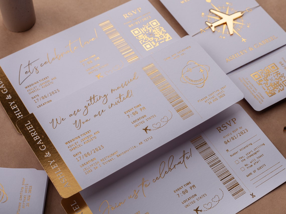 Passport Wedding Invitation, Boarding Pass Invite, White and Gold Foil ...