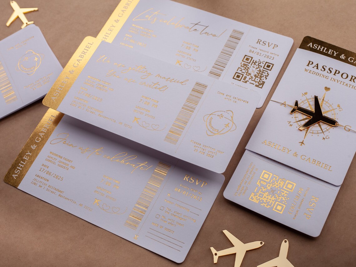 Passport Wedding Invitation, Boarding Pass Invite, White and Gold Foil ...