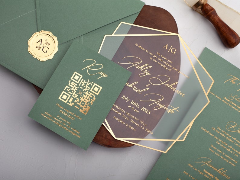 Sage Green & Gold Foil Acrylic Wedding Invitation With Printed Details ...