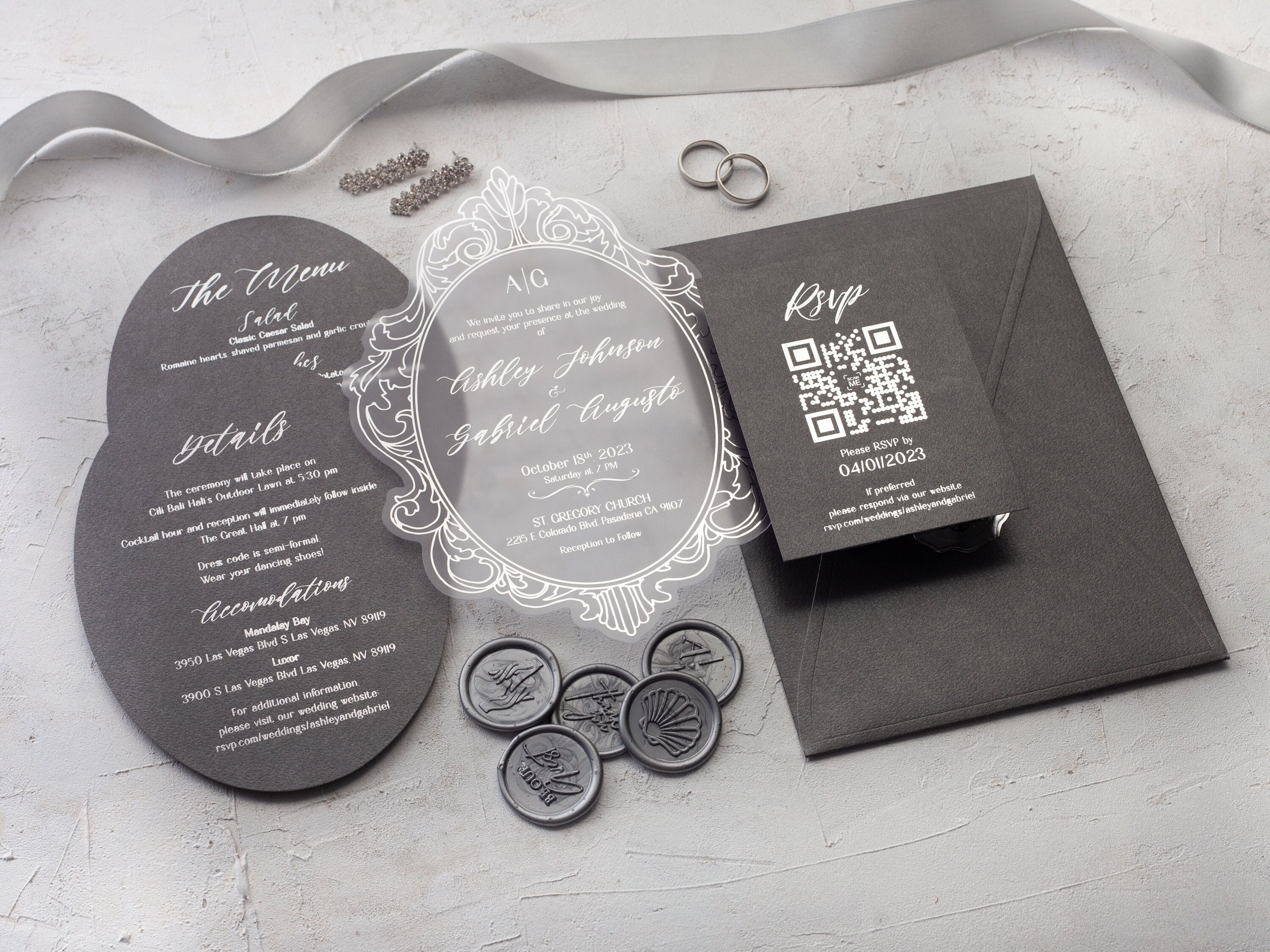 Gray Invitation, Gray Acrylic Invitation, Silver Foil Printed Acrylic ...