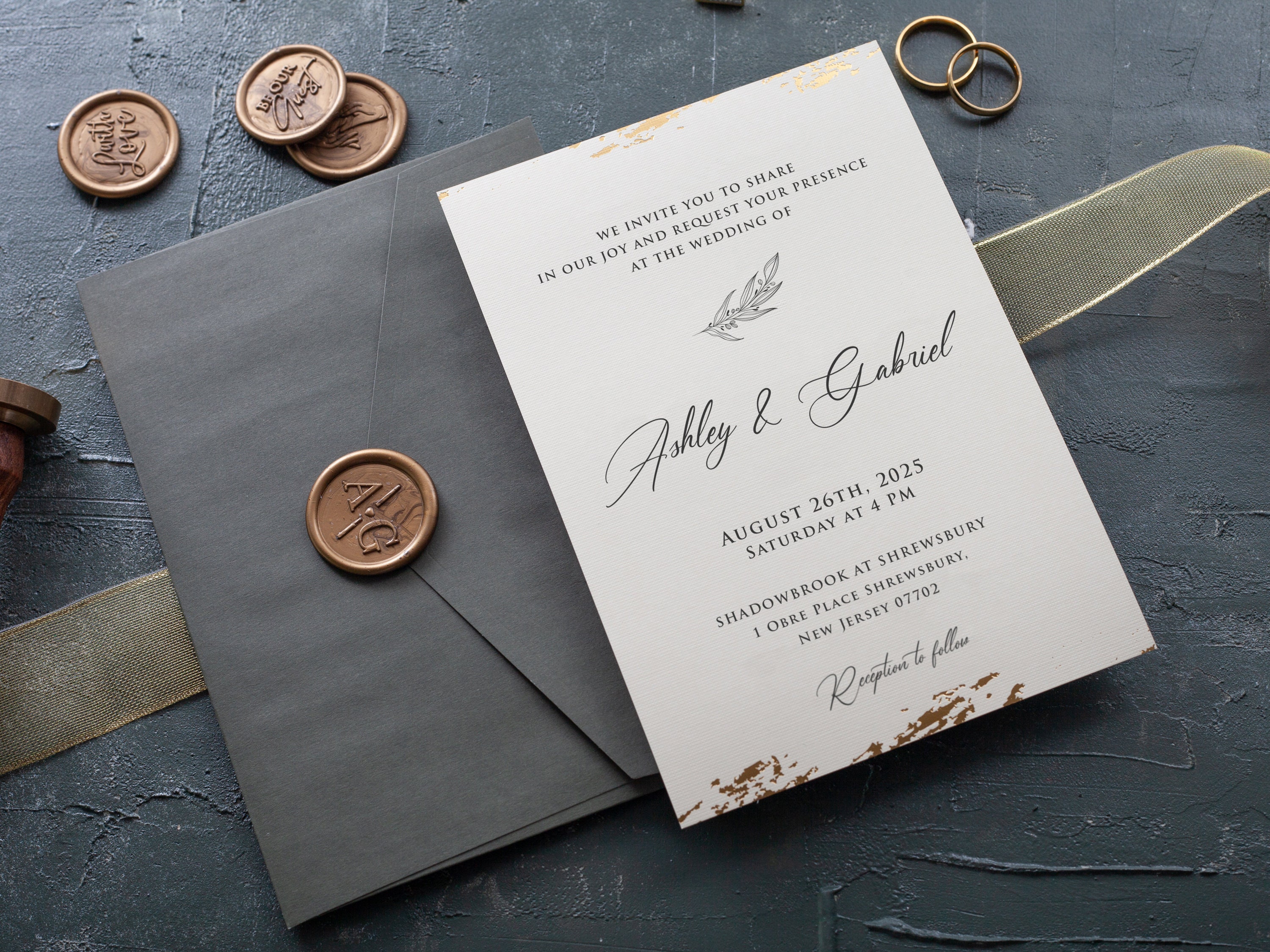 Gold Foil Details Grace This Elegant Wedding Invitation Featuring a Wax ...