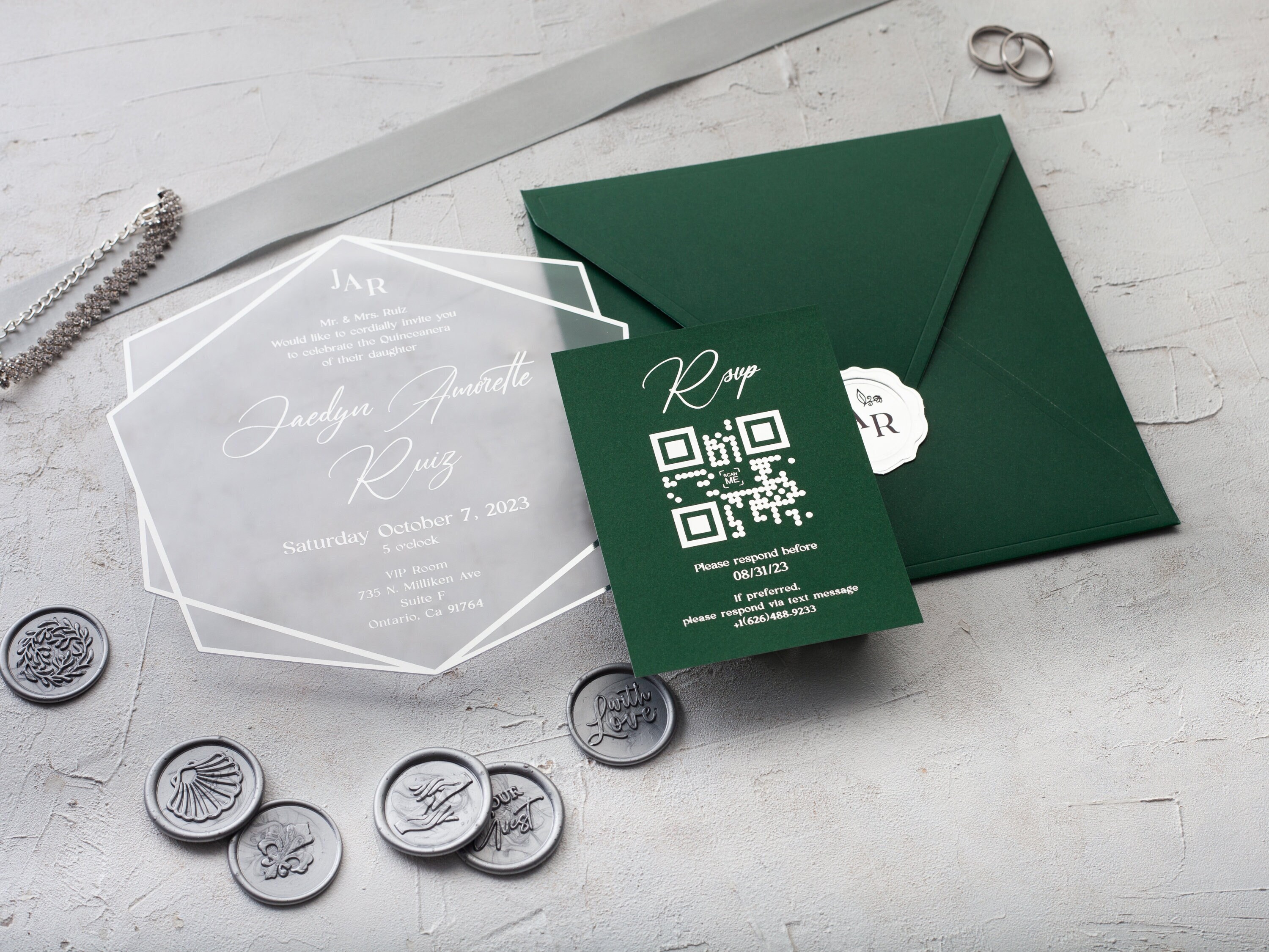 Emerald Green Invitation, Silver Foil Print, Acrylic Wedding Invitation ...