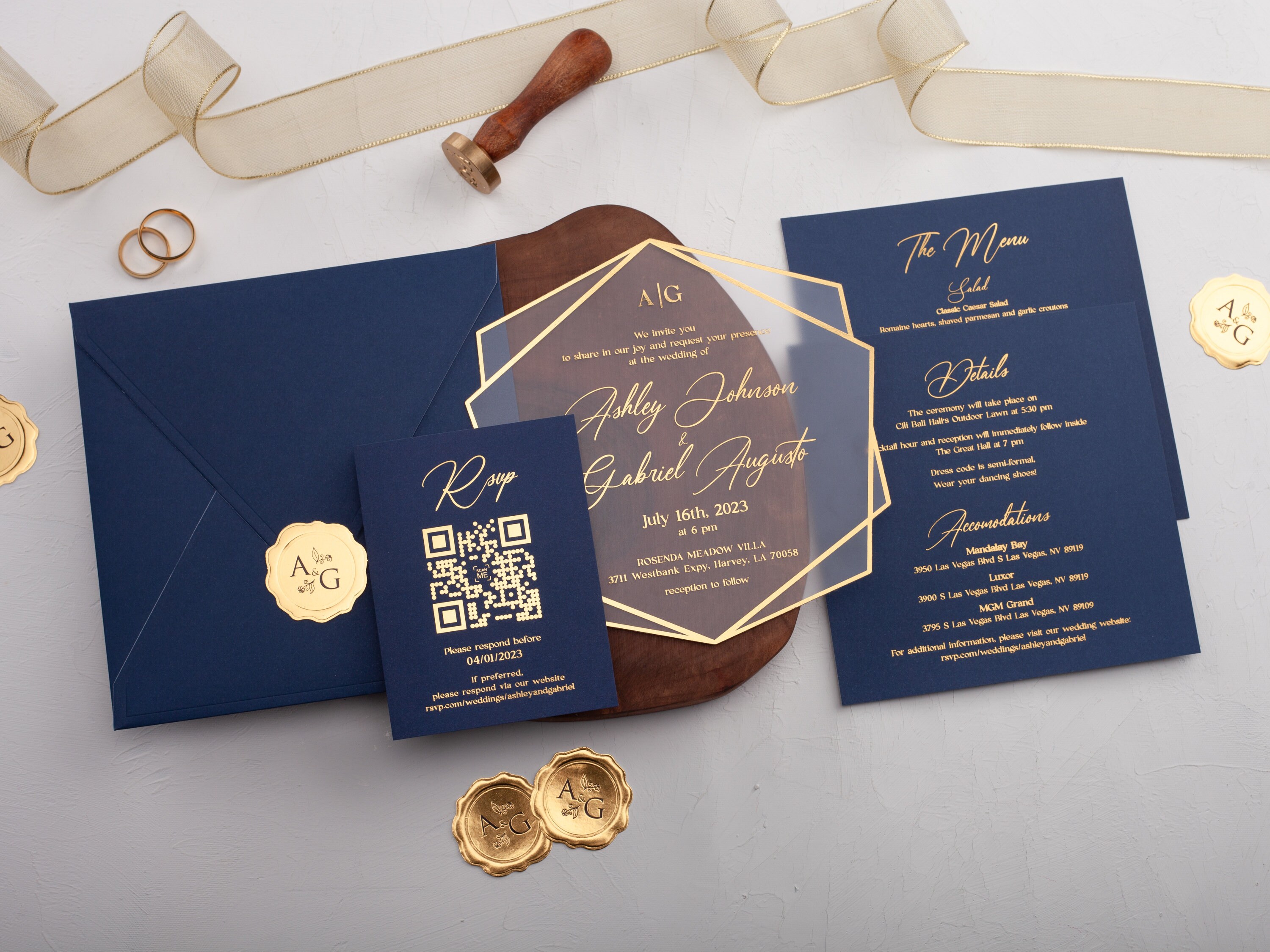 Navy Blue & Gold Acrylic Wedding Invitation, Featuring Gold Foil Print ...