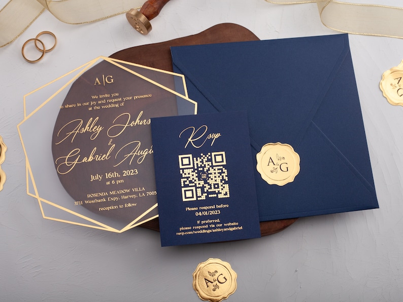 Navy Blue & Gold Acrylic Wedding Invitation, Featuring Gold Foil Print ...