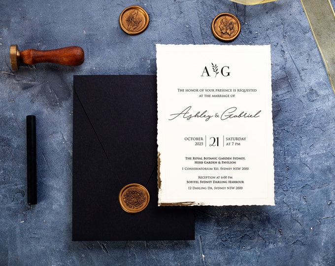 Wedding Invitation Gold Foil Deckle Edge Invitations Minimalist Design ...