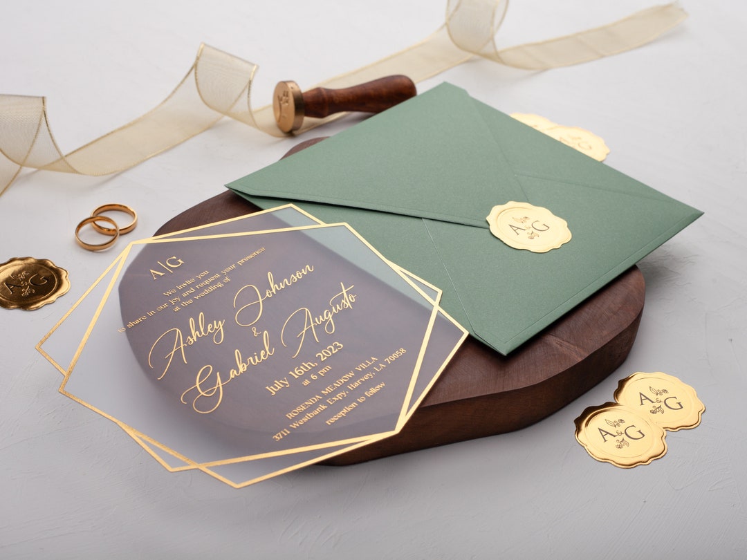 Sage Green & Gold Foil Acrylic Wedding Invitation With Printed Details ...