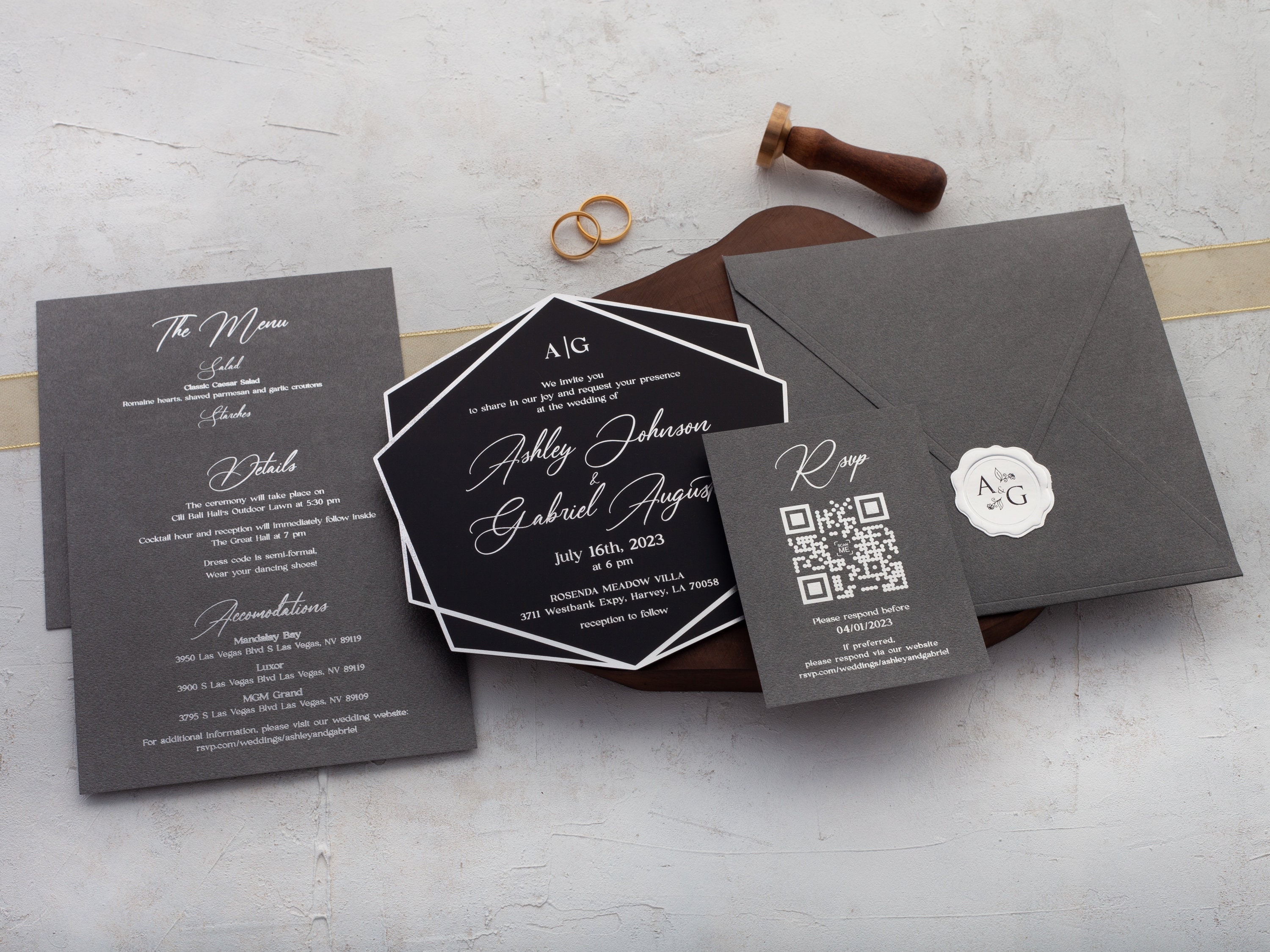 Gray Wedding Invitation, Silver Foil Printed Black Acrylic Wedding ...