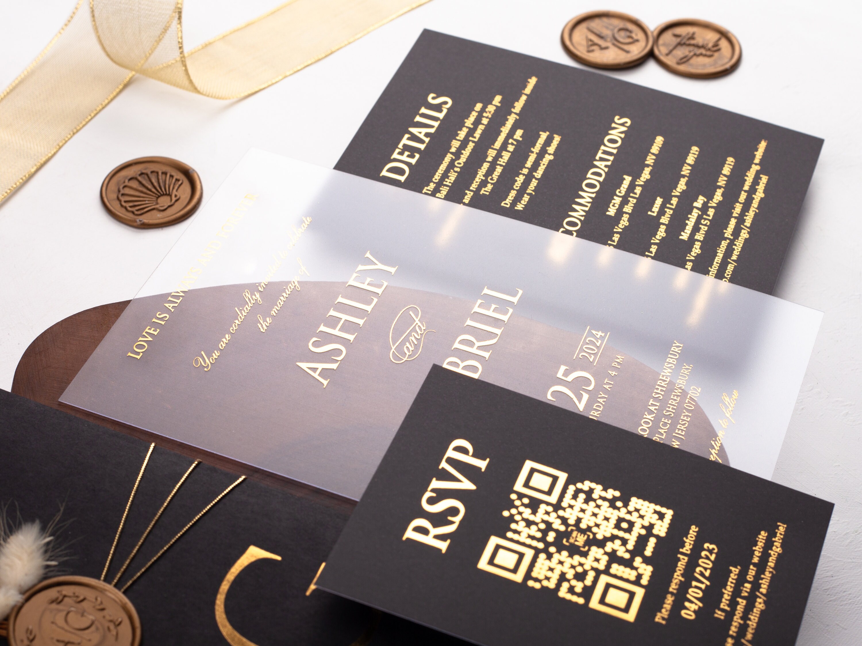 Customized Elegant Acrylic Wedding Invitation With Black & Gold Foil ...