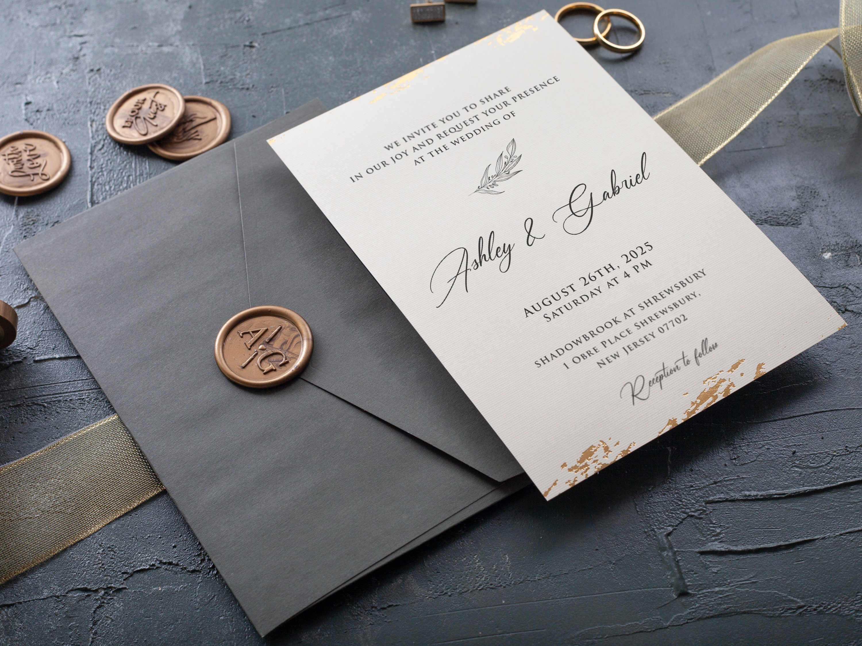 Gold Foil Details Grace This Elegant Wedding Invitation Featuring a Wax ...