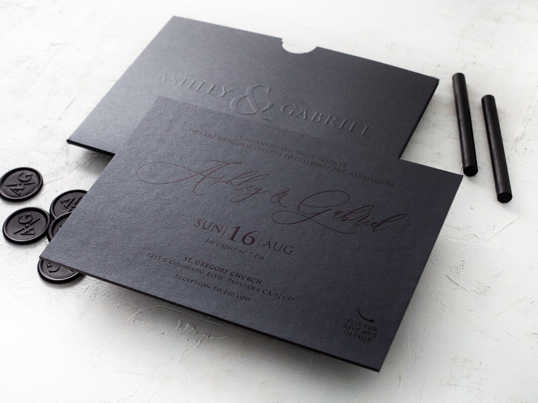 Embossed Black Wedding Invitation With Foil, Elegant Reception Set ...