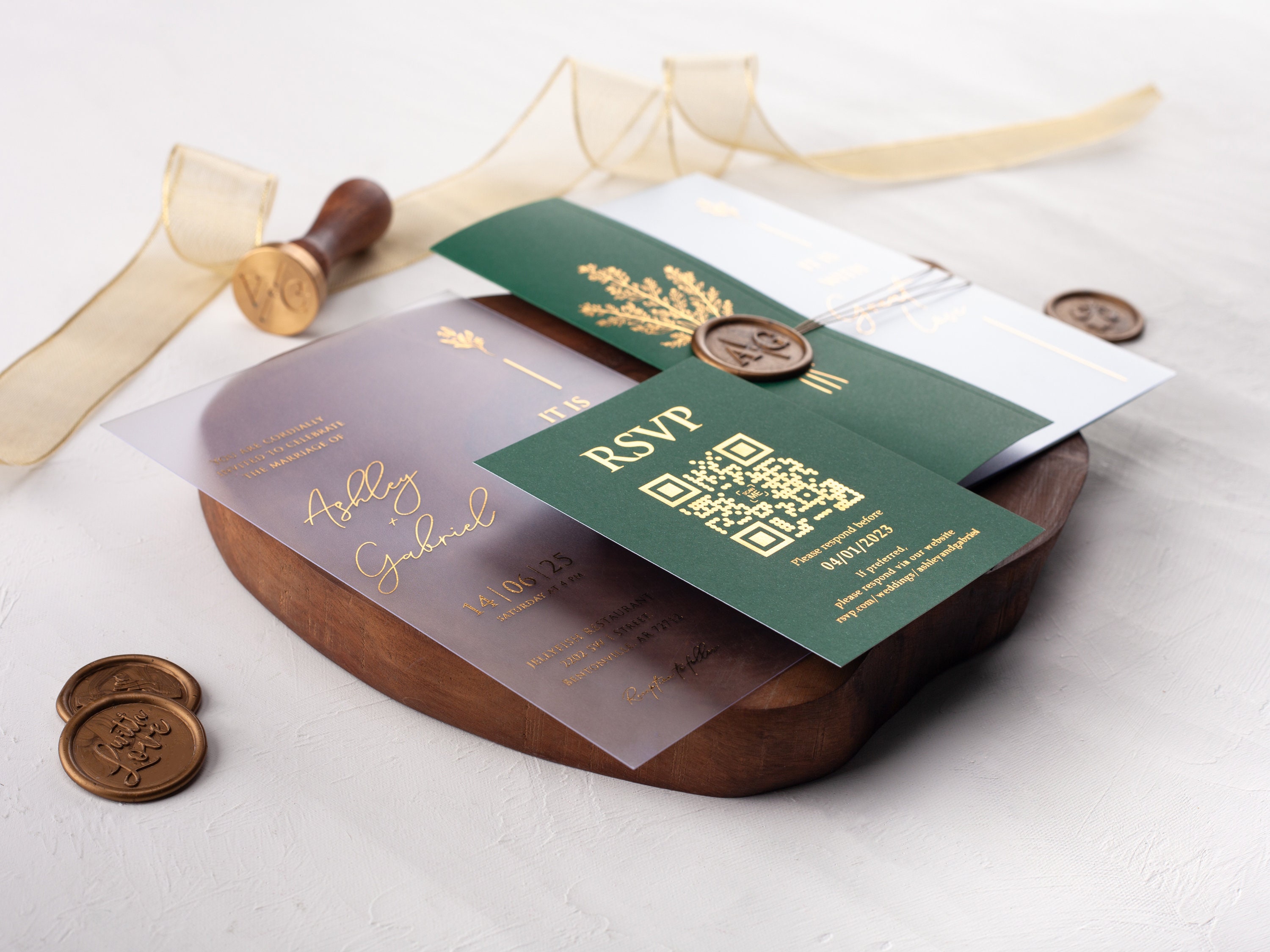 Emerald Green - Gold Foil Acrylic Wedding Invitations With Folded ...