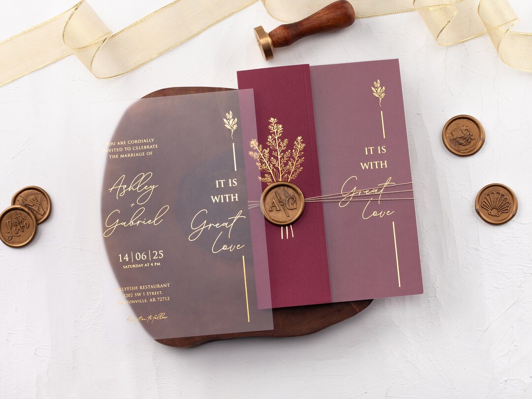 Burgundy and Gold Foil Accent Acrylic Wedding Invitations With Folded ...